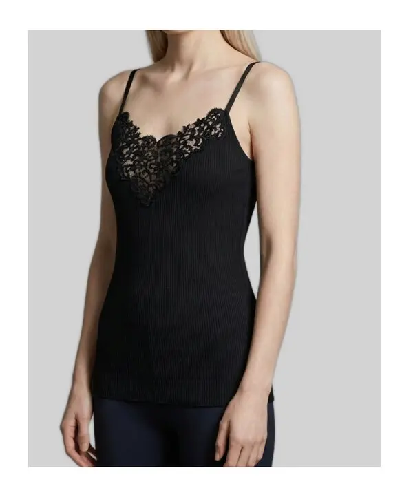 Saint Laurent Guipure Ribbed Silk Tank Top - Black