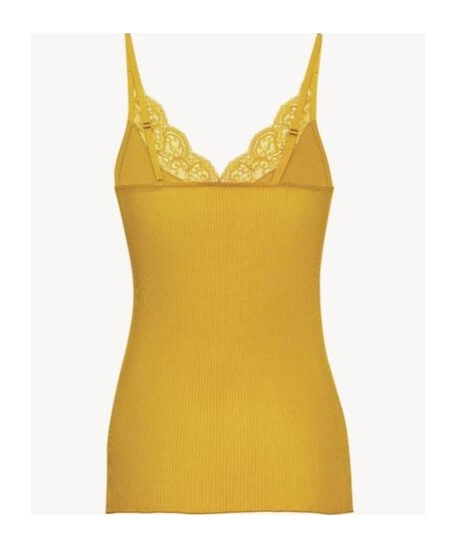 Saint Laurent Ribbed Silk Lace Trimmed V-neck Tank Top - Yellow