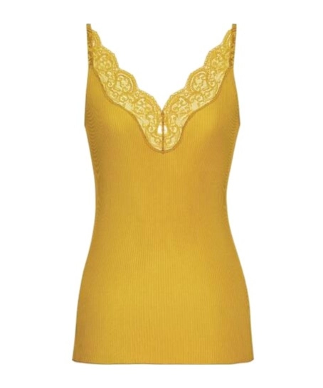 Saint Laurent Ribbed Silk Lace Trimmed V-neck Tank Top - Yellow