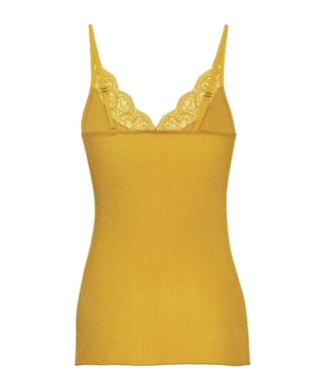 Saint Laurent Ribbed Silk Lace Trimmed V-neck Tank Top - Yellow