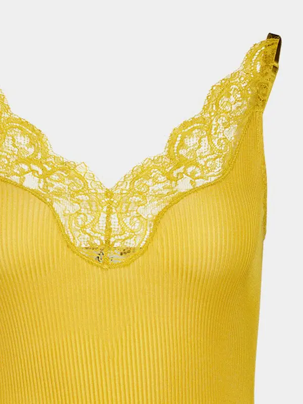 Saint Laurent Ribbed Silk Lace Trimmed V-neck Tank Top - Yellow