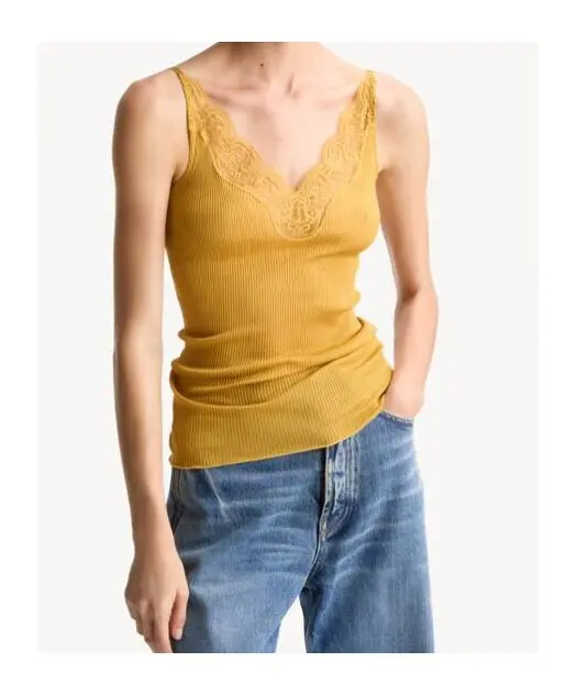 Saint Laurent Ribbed Silk Lace Trimmed V-neck Tank Top - Yellow