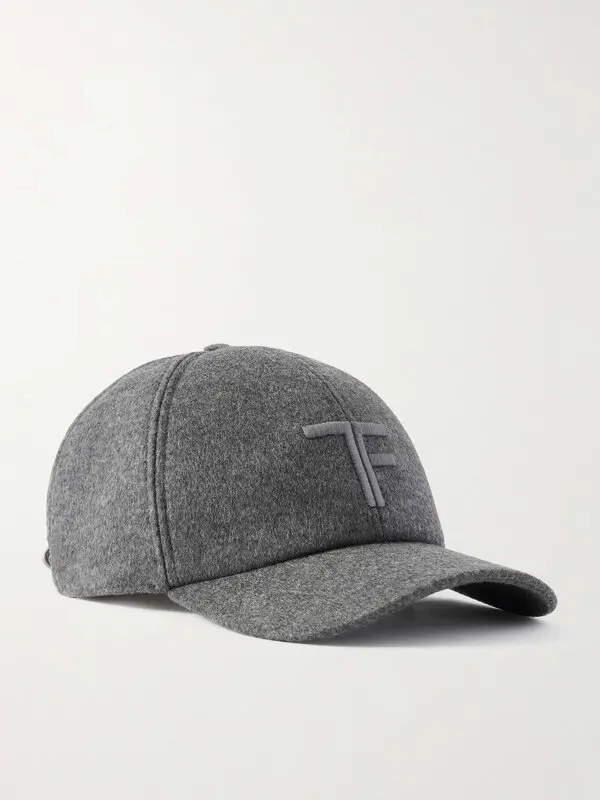 TOM FORD Leather-trimmed Logo-embroidered Cashmere Baseball Cap - Gray