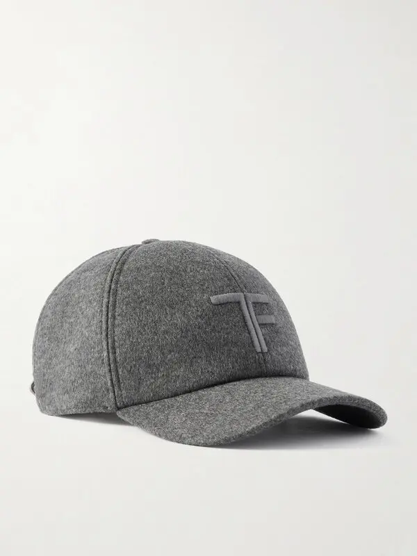 TOM FORD Leather-trimmed Logo-embroidered Cashmere Baseball Cap - Gray