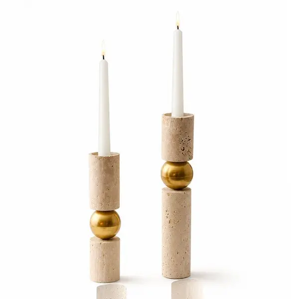 MARLETH Travertine & Brass Candle Holder Set – Sculptural Stone Candlesticks - White