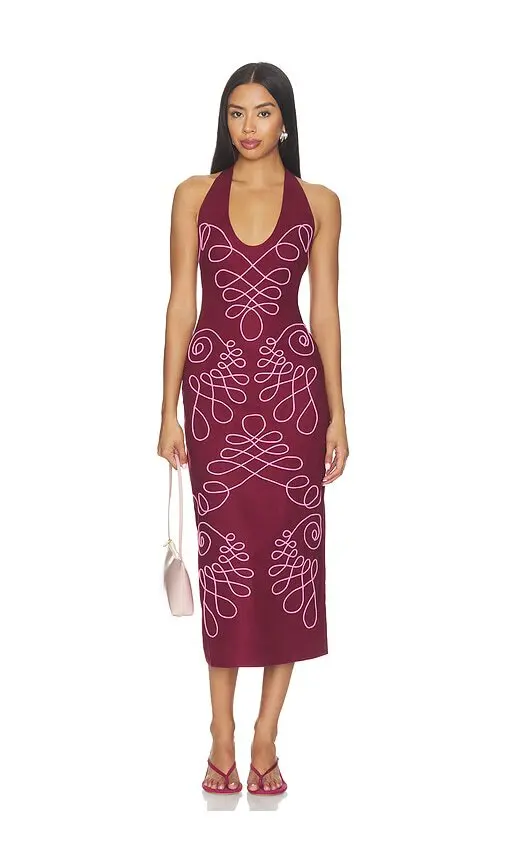 THE WOLF GANG Lera Midi Dress In Burgundy - Magenta