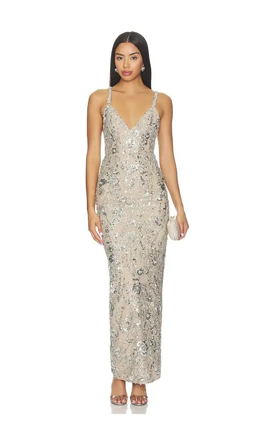 BRONX BANCO Venetian Allegra Maxi Dress In Metallic - Silver