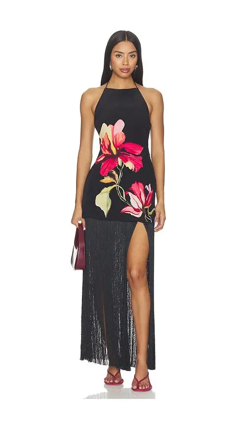 Rococo Sand Halterneck Maxi Dress With Fringe Trim - Black