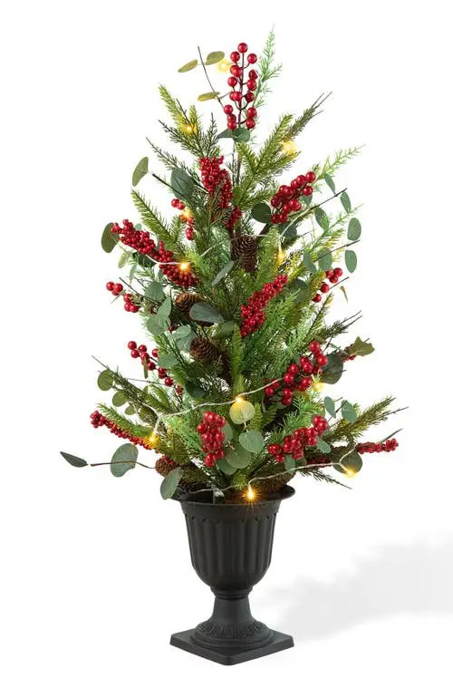 GLITZHOME 3ft Christmas Lighted Pine Needle Urn Porch Tree With Timer