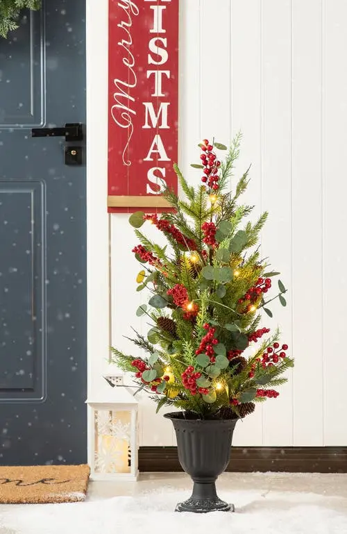 GLITZHOME 3ft Christmas Lighted Pine Needle Urn Porch Tree With Timer