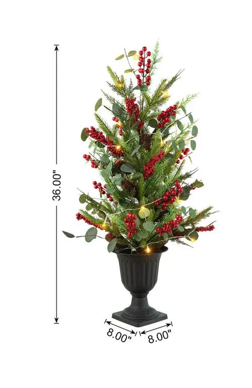 GLITZHOME 3ft Christmas Lighted Pine Needle Urn Porch Tree With Timer