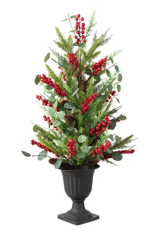 GLITZHOME 3ft Christmas Lighted Pine Needle Urn Porch Tree With Timer