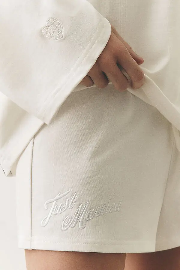Anthropologie Bridemerch Just Married Embroidered Cotton Shorts