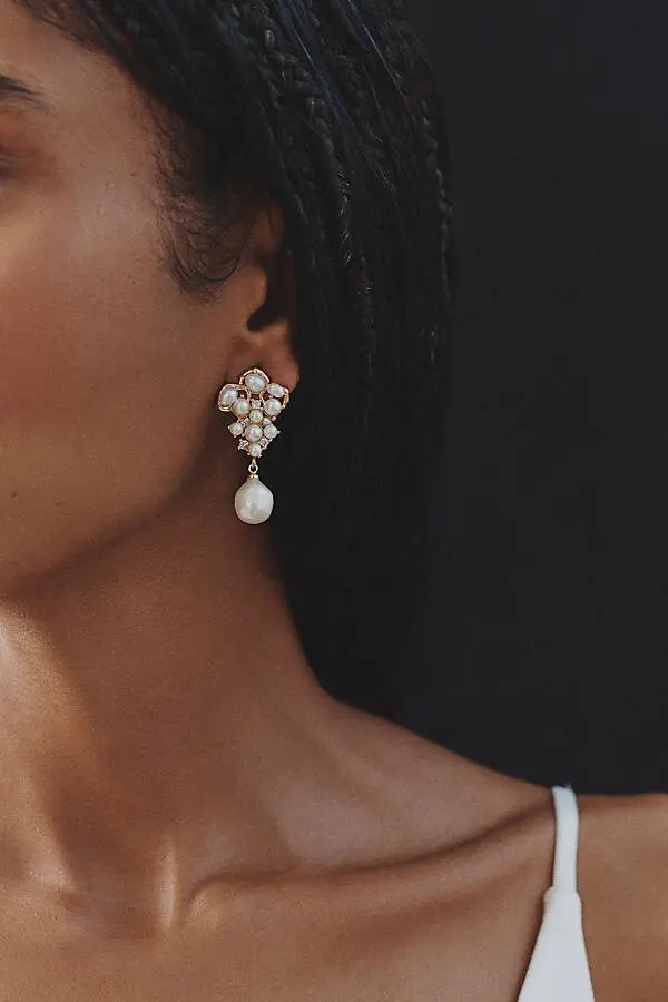 Anthropologie Clustered Pearl And Crystal Drop Earrings - Gold