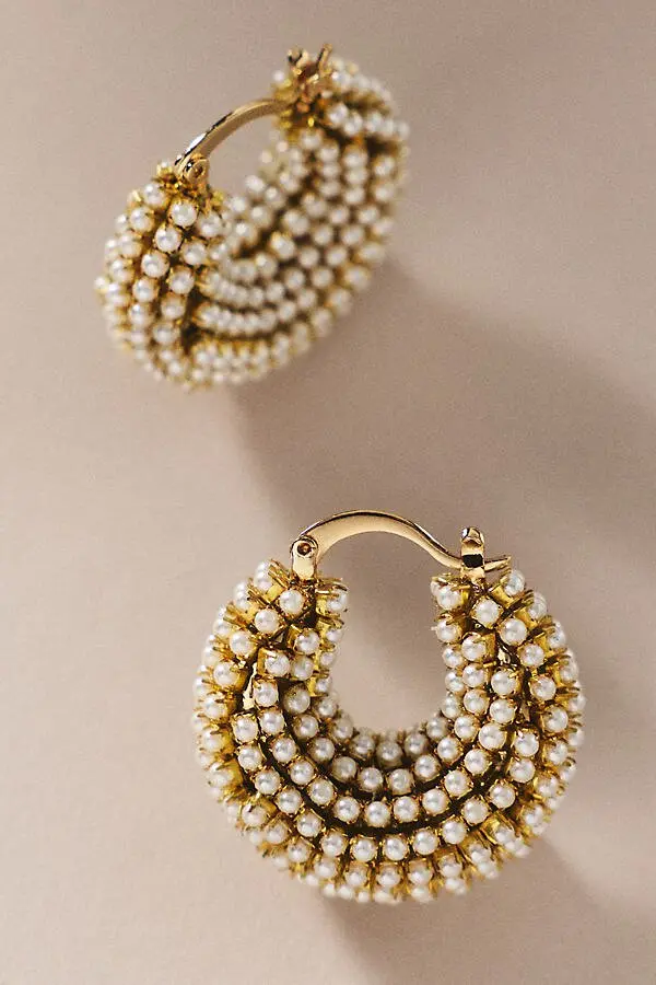 Anthropologie Pavé Pearl Hoop Earrgs - Gold