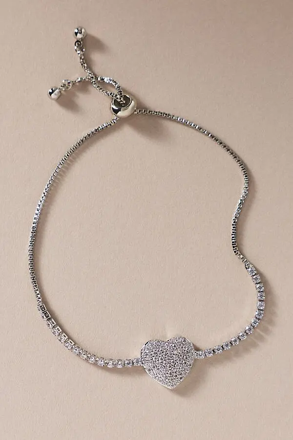 Anthropologie All My Love Sparkle Heart Bracelet - Silver