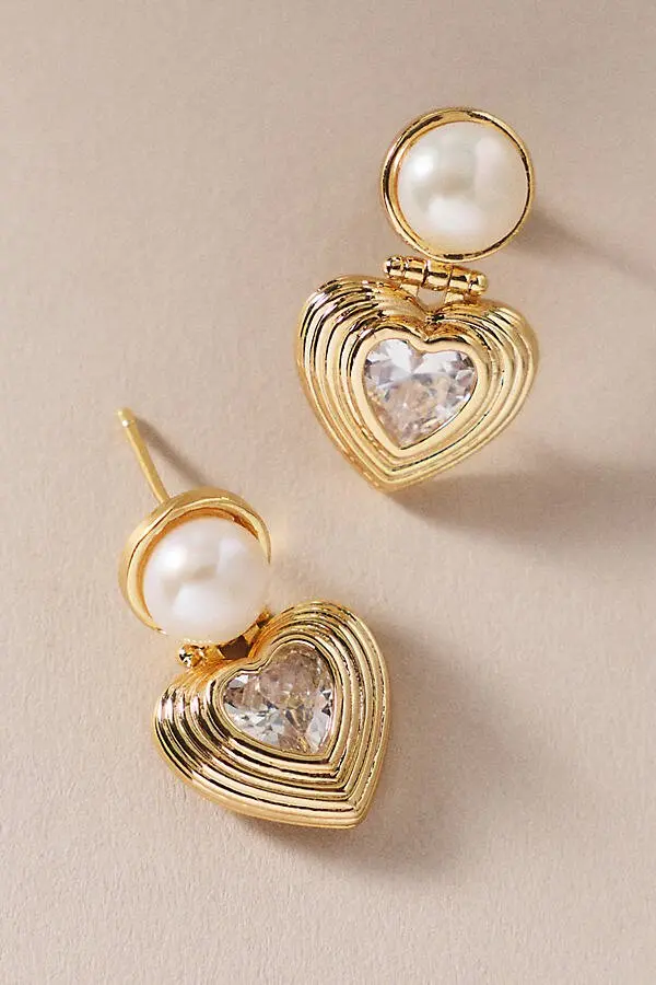 Anthropologie Pearl Heart Drop Earrgs - Gold