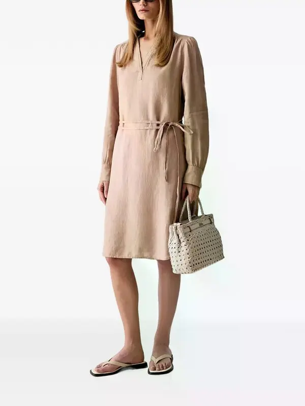 Marc O'polo Beige V-neck Long Sleeve Belted Mini Dress