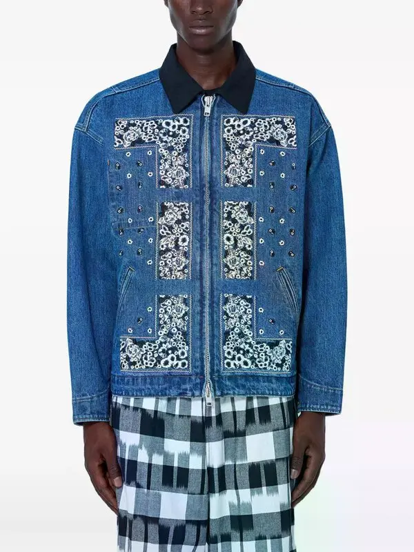 NOMARHYTHM Bandana.embroidered Zip-up Denim Jacket - Blue