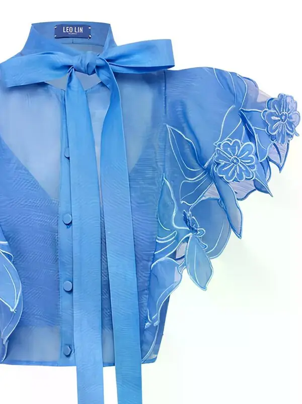 LEO LIN Jasmine Appliqué Flutter-sleeve Top - Blue