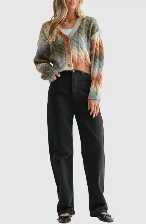 ALL IN FAVOR Ombré Cable Knit Cropped Cardigan - Olive Brown Multi
