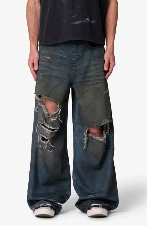 Mnml Oil Stain Rave Ripped Relaxed Wide Leg Jeans - Blue