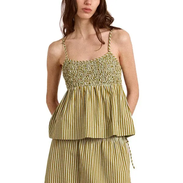 DAMSON MADDER Dinah Striped Smocked Organic Cotton Camisole - Basil