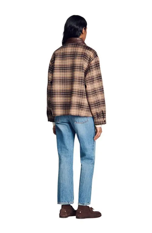 Sandro Check Coat With Leather Collar