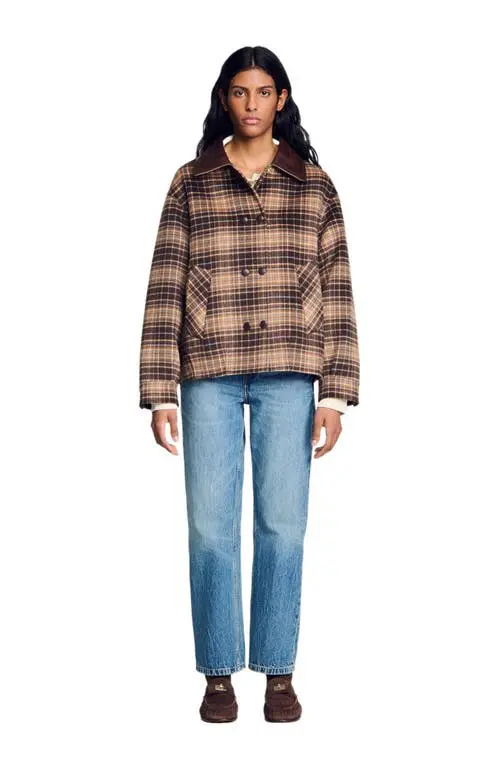 Sandro Check Coat With Leather Collar