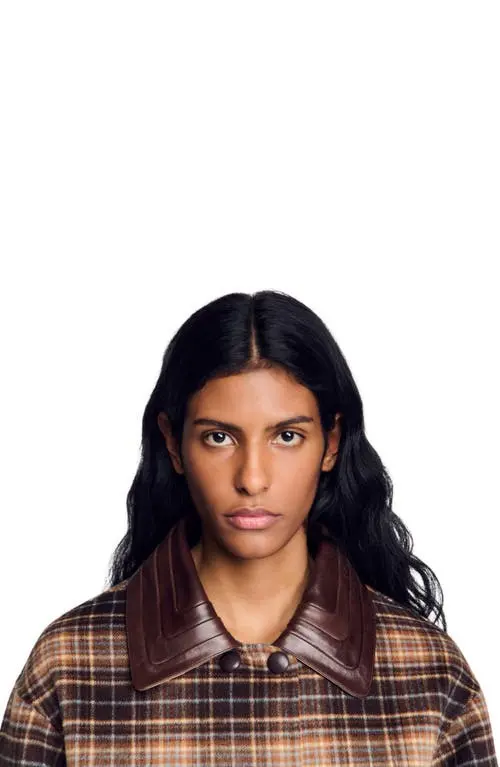 Sandro Check Coat With Leather Collar
