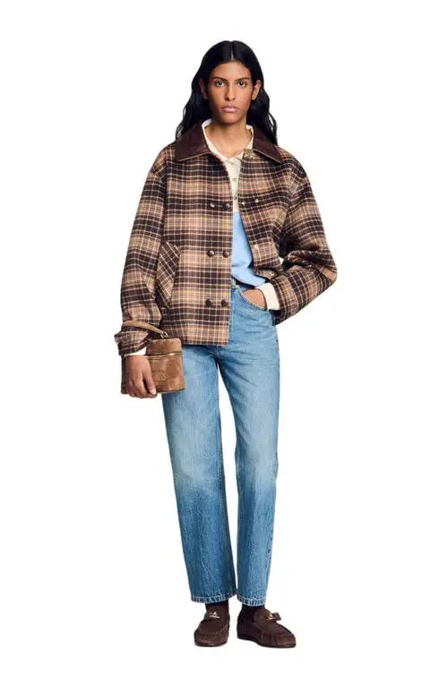 Sandro Check Coat With Leather Collar