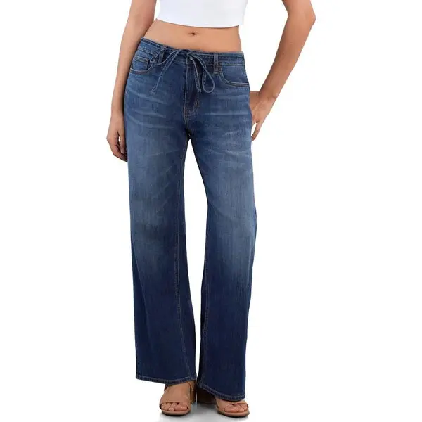 HINT OF BLU Wide Leg Jeans With Tie Belt - Cozy Blue