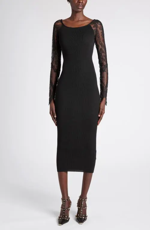 Valentino Garavani Lace Long Sleeve Rib Virgin Wool Blend Sweater Dress - Black