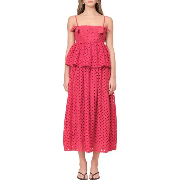 MAUDE CLUB Eden Cotton Eyelet Peplum Midi Dress - Ruby Eyele