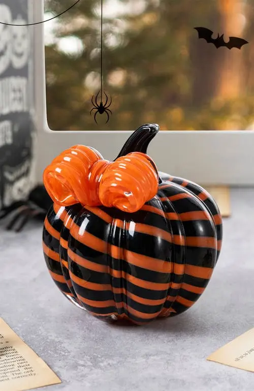 GLITZHOME Halloween Striped Glass Pumpkin With Bow - Black