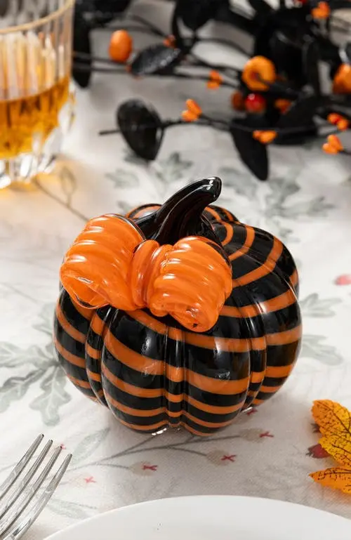 GLITZHOME Halloween Striped Glass Pumpkin With Bow - Black