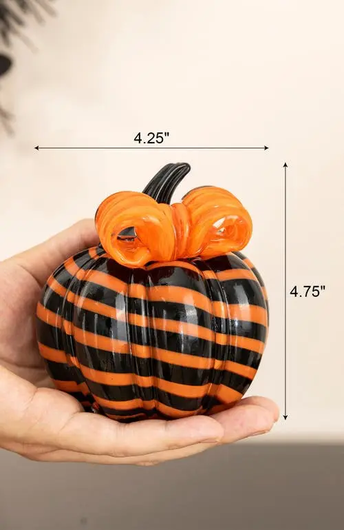 GLITZHOME Halloween Striped Glass Pumpkin With Bow - Black