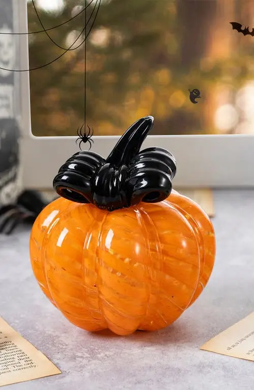 GLITZHOME Halloween Striped Glass Pumpkin With Bow - Orange