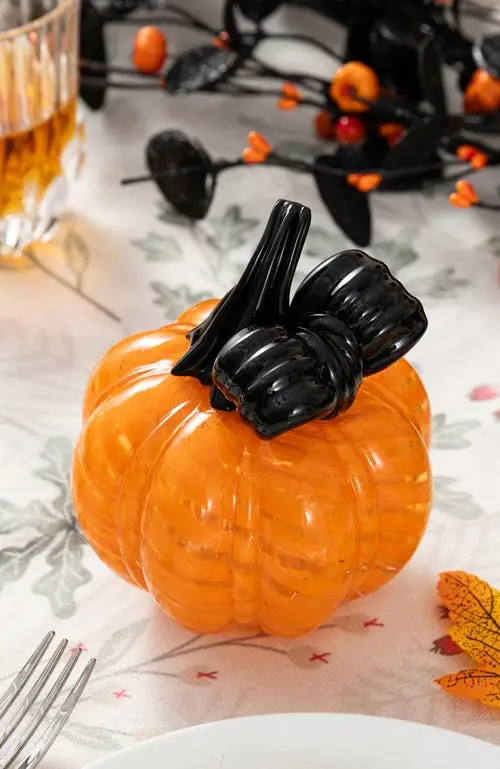 GLITZHOME Halloween Striped Glass Pumpkin With Bow - Orange