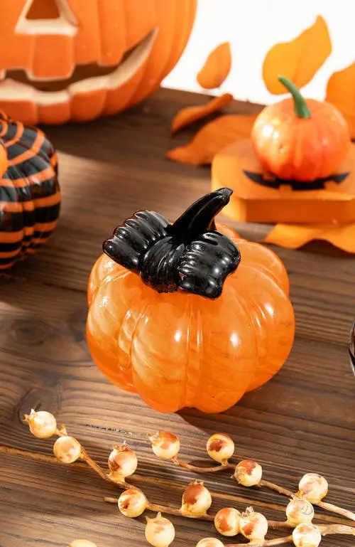 GLITZHOME Halloween Striped Glass Pumpkin With Bow - Orange