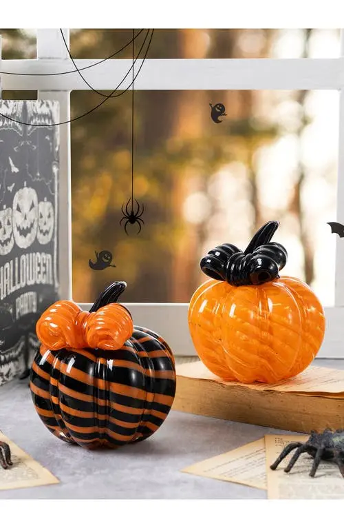 GLITZHOME Halloween Striped Glass Pumpkin With Bow - Orange