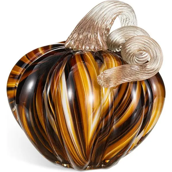 GLITZHOME Fall Multi Striped Glass Short Pumpkins - Brown