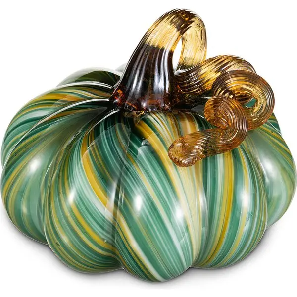 GLITZHOME Fall Multi Striped Glass Short Pumpkins - Green