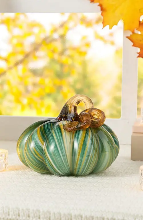 GLITZHOME Fall Multi Striped Glass Short Pumpkins - Green