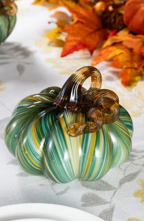 GLITZHOME Fall Multi Striped Glass Short Pumpkins - Green