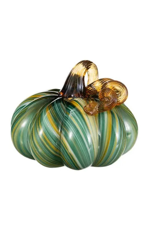 GLITZHOME Fall Multi Striped Glass Short Pumpkins - Green