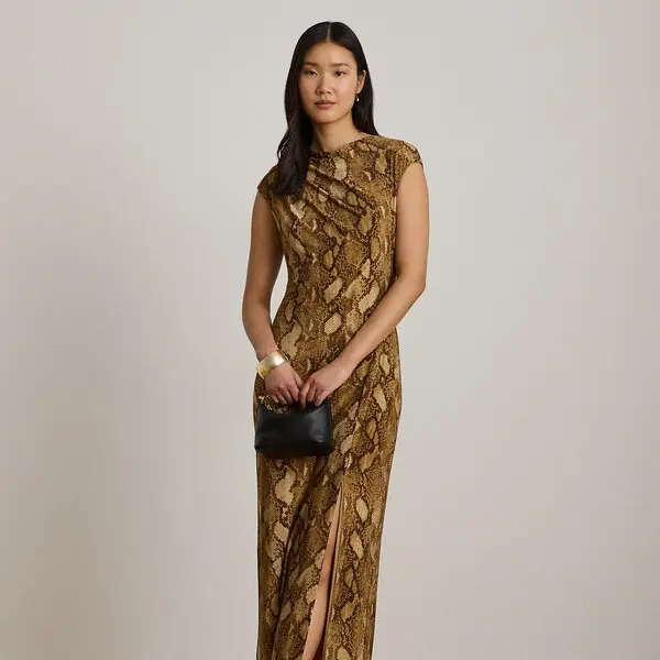 Ralph Lauren Python-print Jersey Cap-sleeve Dress - Tan Multi