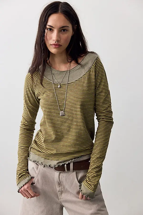 Free People We The Free Two's A Charm Stripe Long Sleeve Top - Army Combo