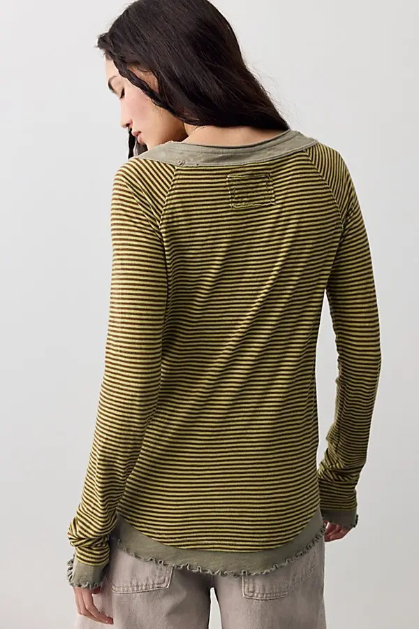 Free People We The Free Two's A Charm Stripe Long Sleeve Top - Army Combo