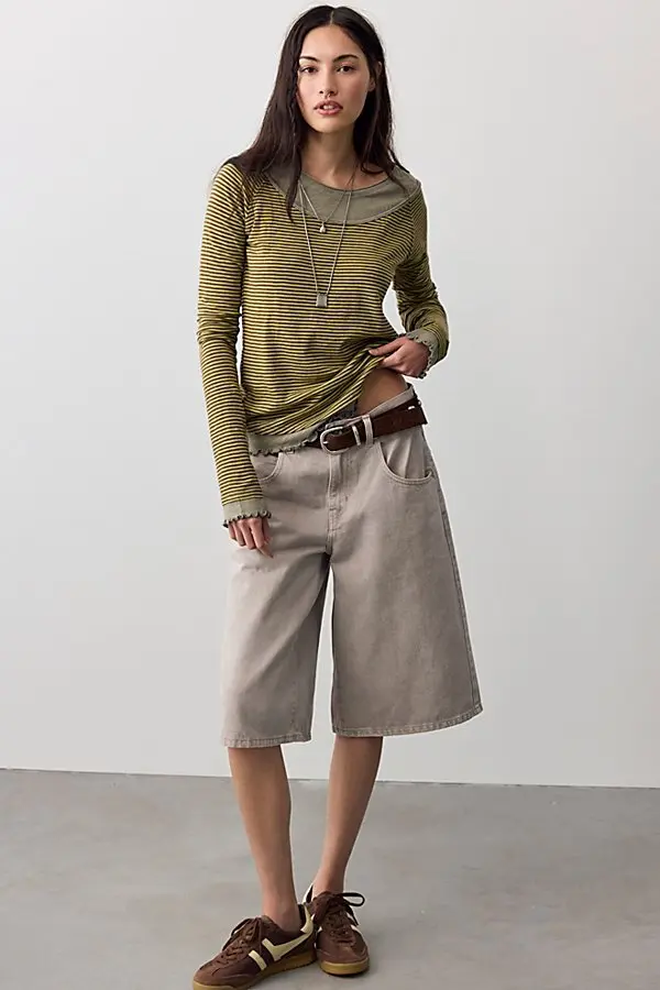 Free People We The Free Two's A Charm Stripe Long Sleeve Top - Army Combo